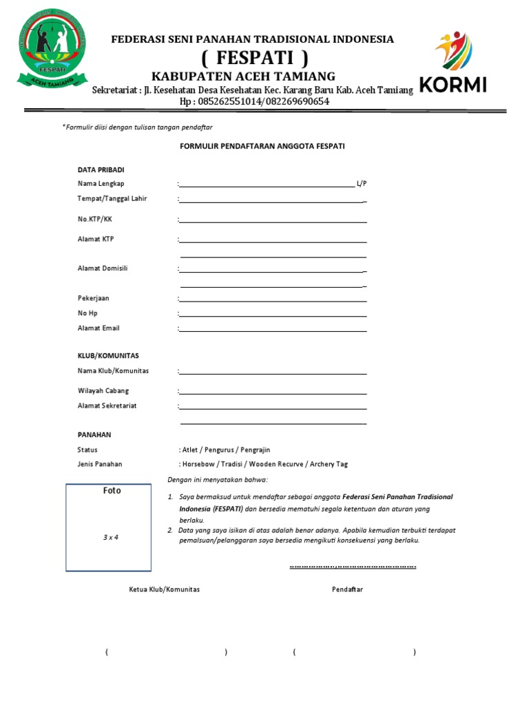 Formulir Pendaftaran Anggota Fespati Fix | PDF