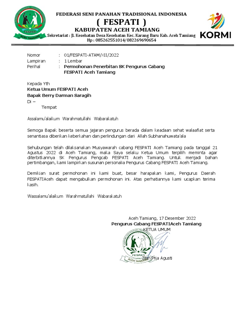 Pengajuan Pengcab Fespati Aceh Tamiang | PDF