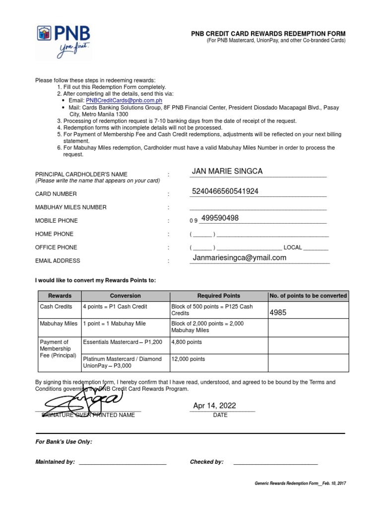 Redemption Form Core | PDF | Credit Card | Services (Economics)