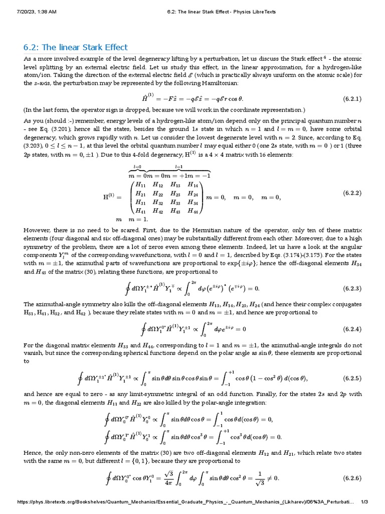 6.2 - The Linear Stark Effect - Physics LibreTexts | PDF | Perturbation Theory (Quantum ...