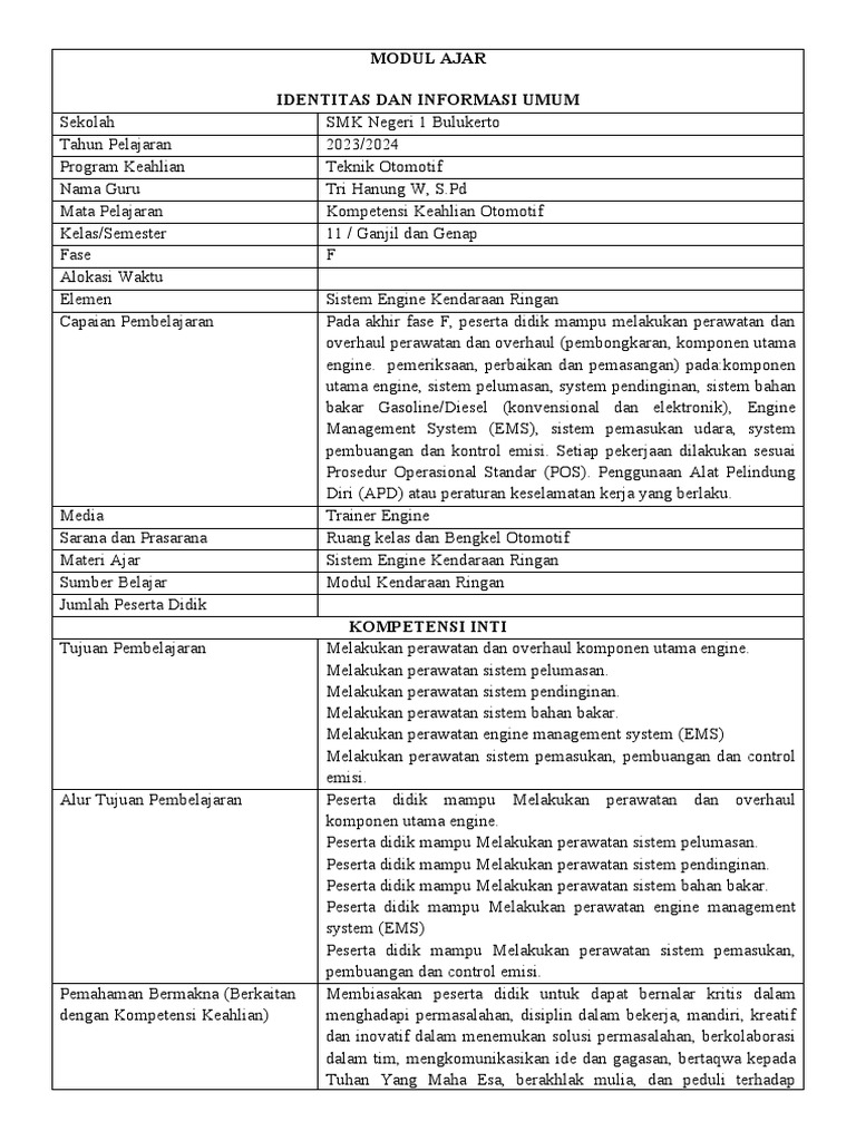 MODUL AJAR SISTEM ENGINE Kelas XI | PDF