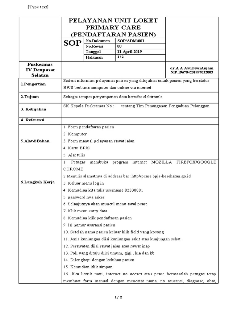 4.sop Pcare (Pendaftaran Pasien) | PDF