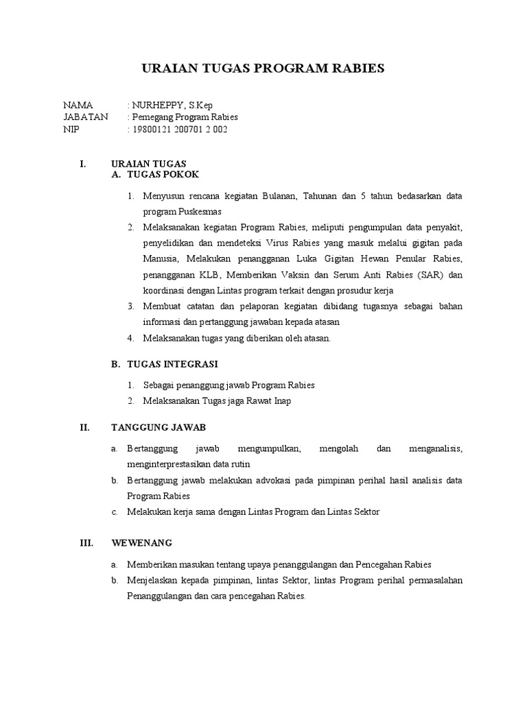 Uraian Tugas Program Rabies | PDF