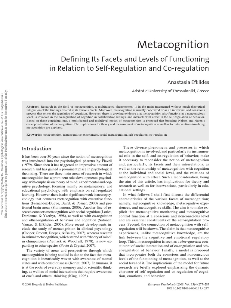 Efklides, A. (2008) - Metacognition. European Psychologist, 13 (4), 277-287. Doi 10.1027 1016 ...