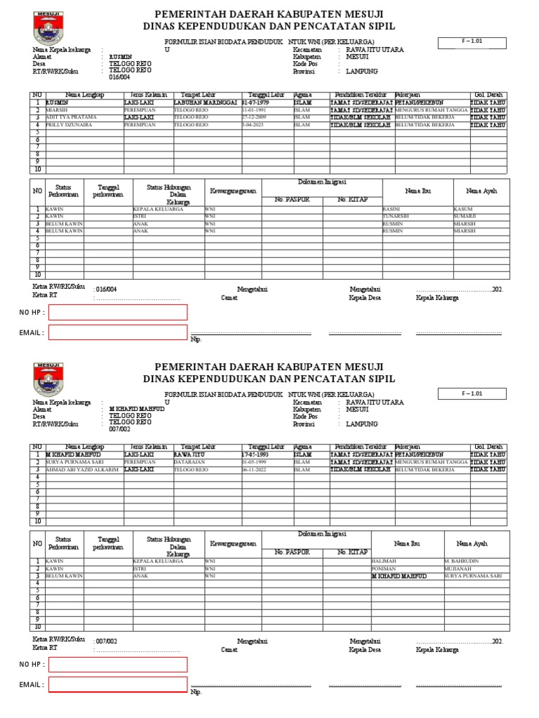 Formulir F1.01 Biodata Penduduk | PDF