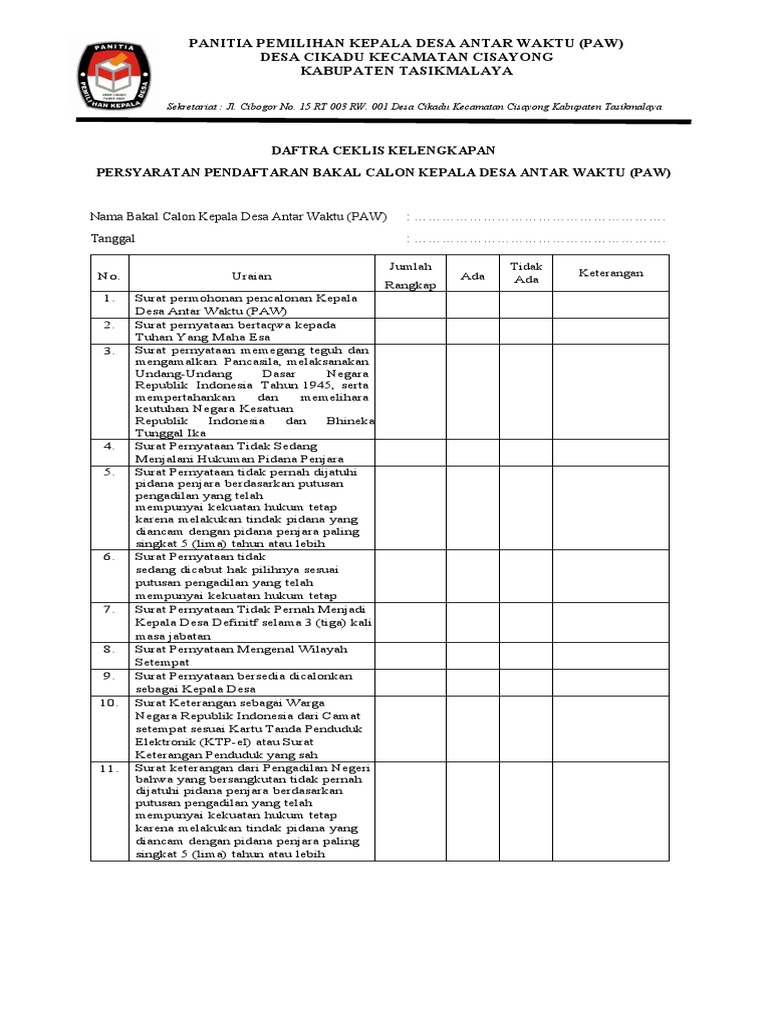 Daftar Ceklis Kelengkapan | PDF
