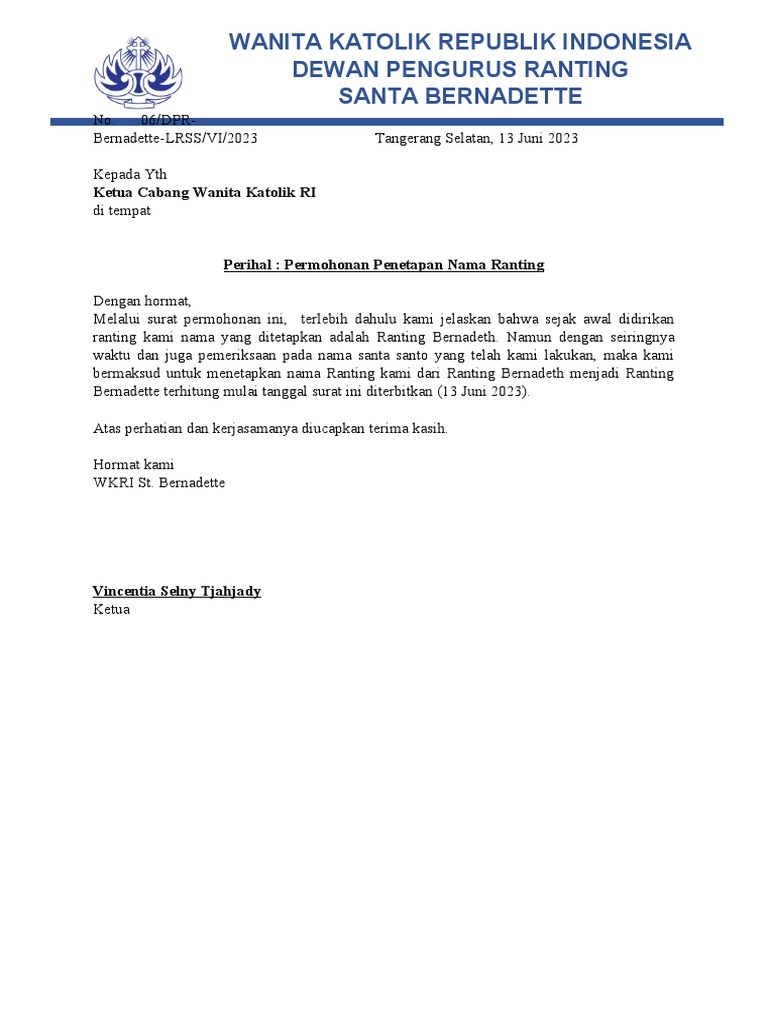 Surat Permohonan Penetapan Nama Ranting | PDF