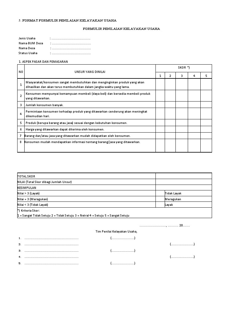 Format Formulir Penilaian Kelayakan Usaha | PDF
