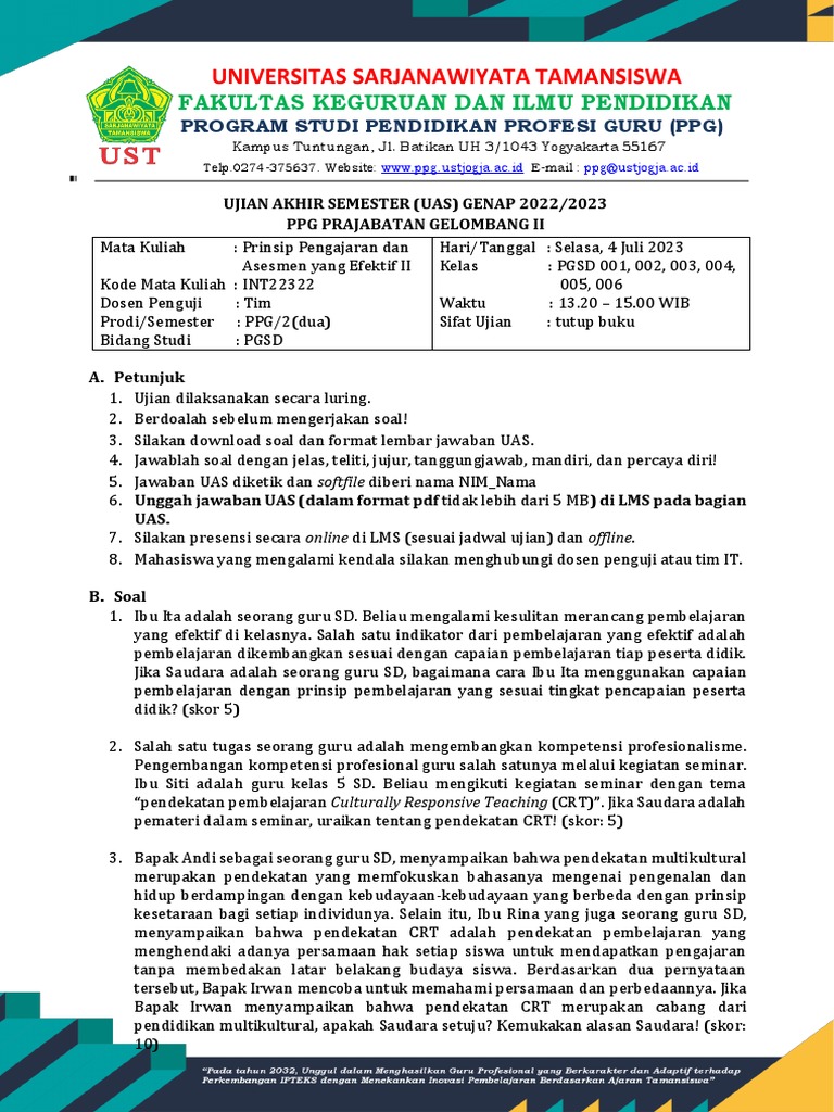 Soal UAS Prinsip Pengajaran Dan Asesmen Yang Efektif II Gel 2 | PDF | Karier & Perkembangan