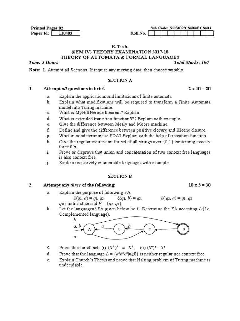 Btech Cs 4 Sem Theory of Automata and Formal Languages ncs402 2018 | PDF | Theory Of Computation ...
