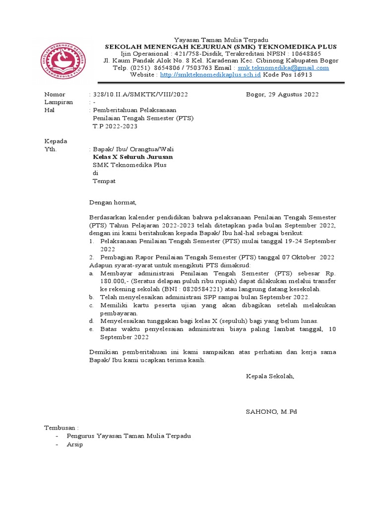 Surat Pemberitahuan PTS | PDF