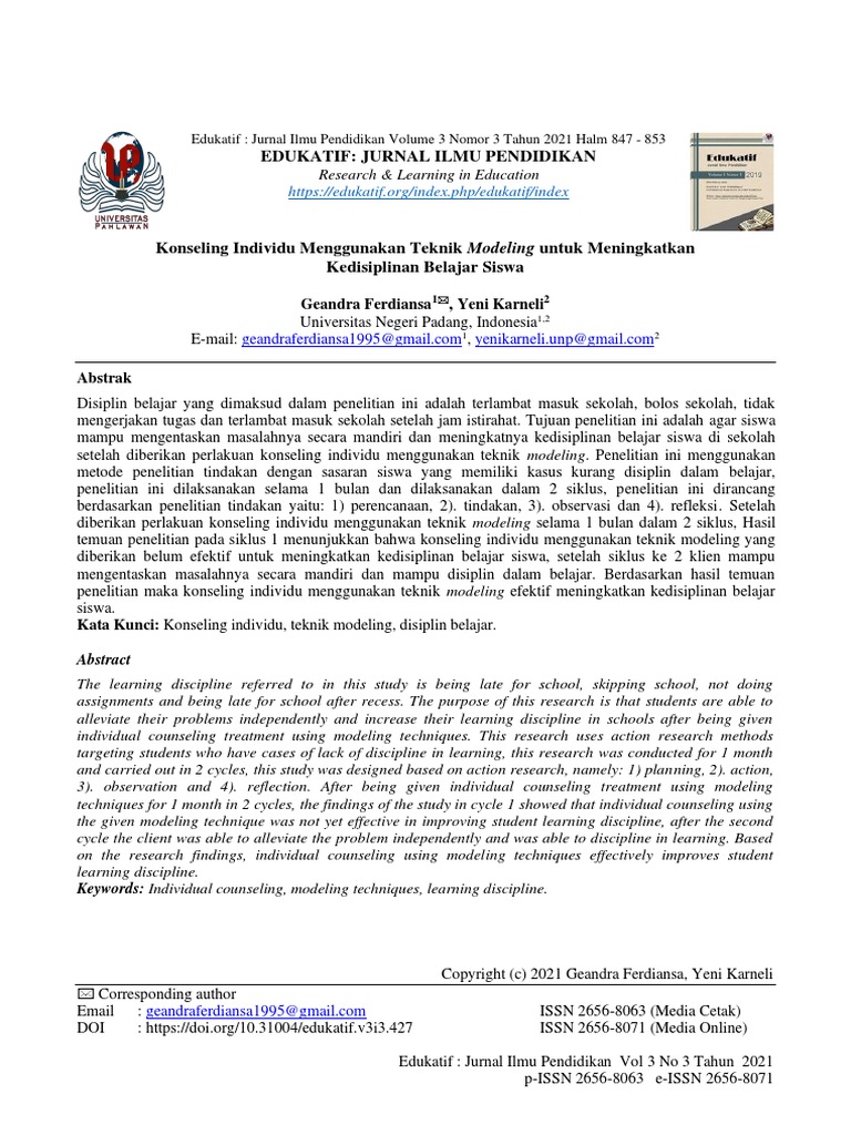 Konseling Individu Menggunakan Teknik Modeling Untuk Meningkatkan Kedisiplinan Belajar Siswa ...