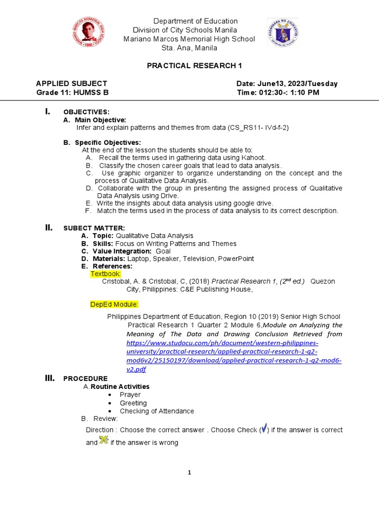 Practical Research Lesson Plan | PDF | Data | Data Analysis