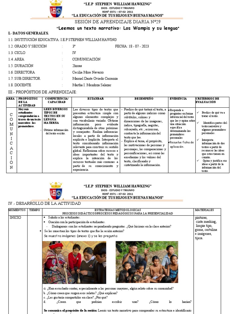 Sesión de Aprendizaje Comuni n29 | PDF Sesión de Aprendizaje Comuni n29 | PDF