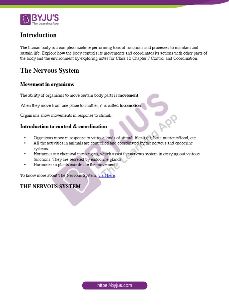 CBSE Class 10 Science Notes For Chapter 7 Control and Coordination ...