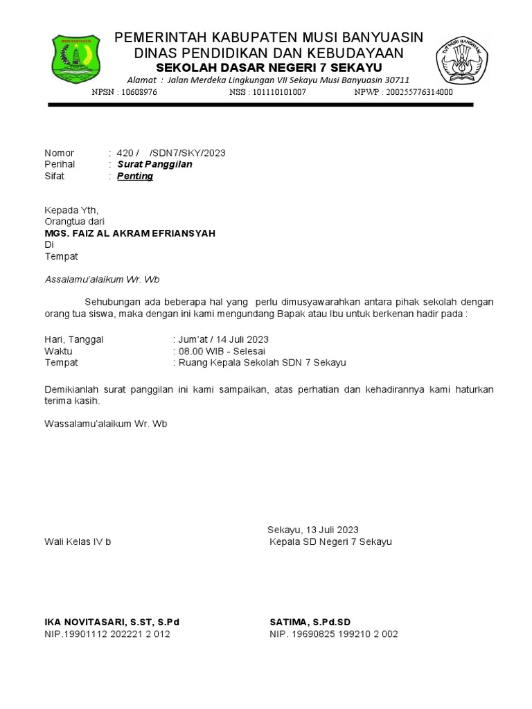 Surat Panggilan Orang Tua Siswa | PDF Surat Panggilan Orang Tua Siswa | PDF