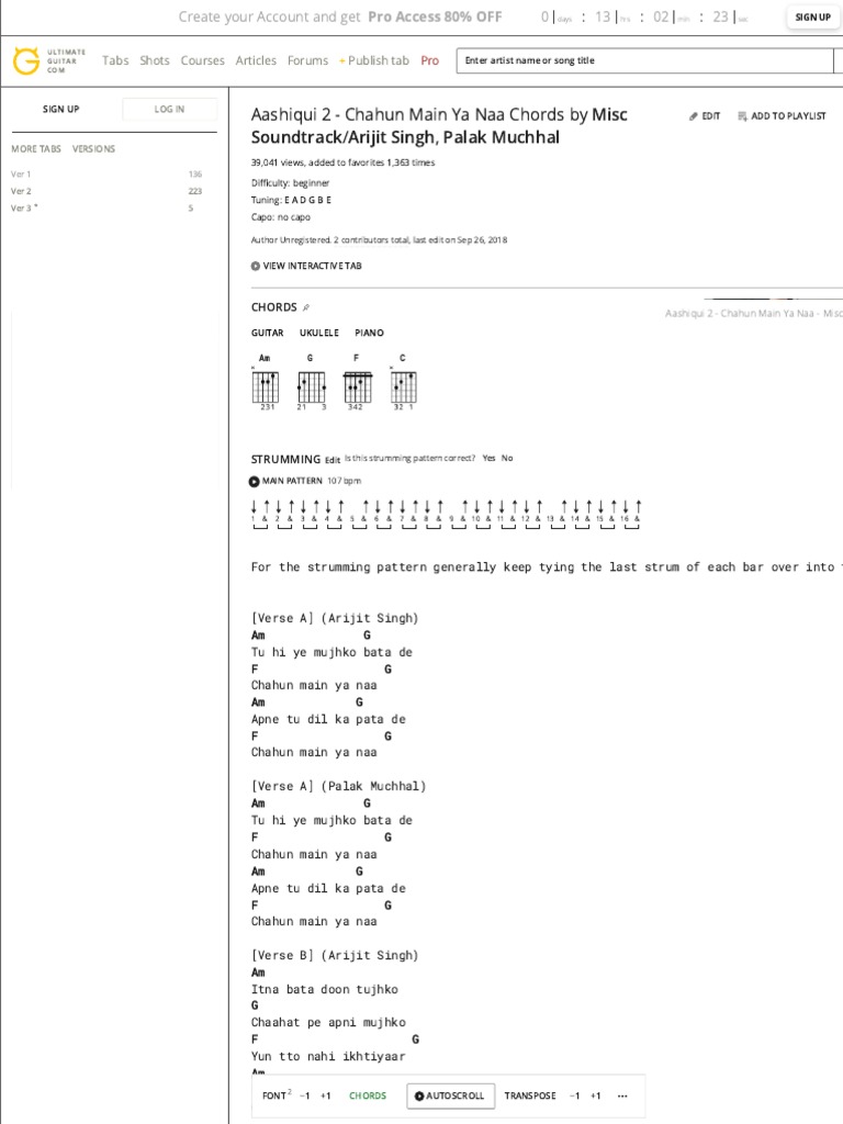 AASHIQUI 2 - CHAHUN MAIN YA NAA CHORDS (Ver 2) by Misc Soundtrack - Arijit Singh, Palak Muchhal ...