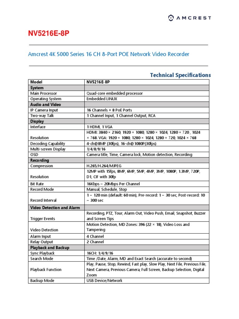 NV5216E-8P Technical Specifications | PDF | Port (Computer Networking) | Hdmi