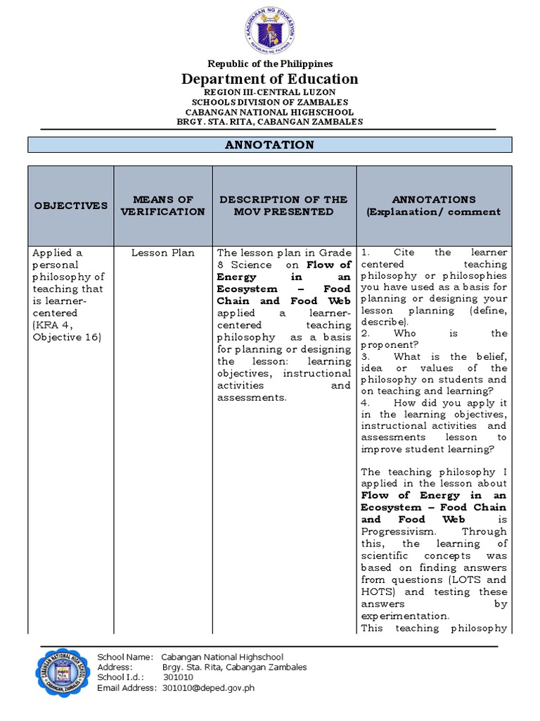 KRA 4 Objectives in Teacher Lesson Plan | PDF | Learning | Critical ...
