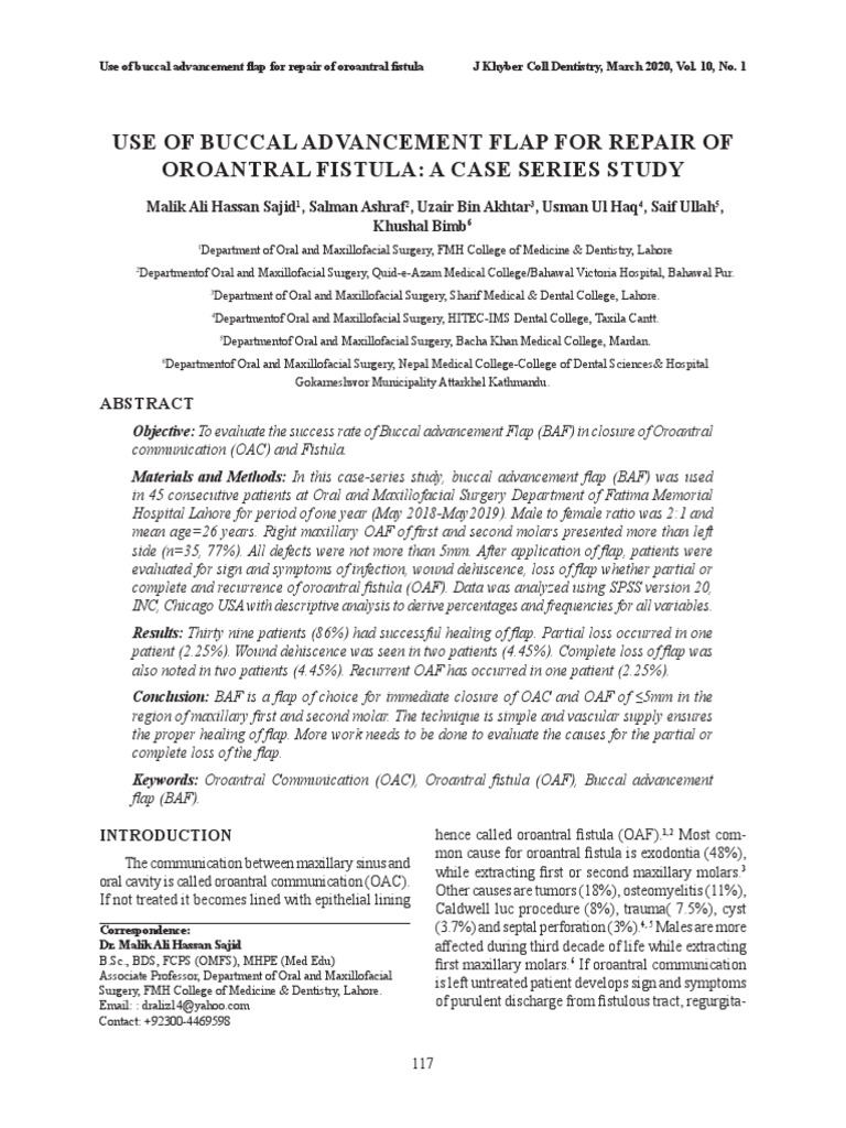 Use of Buccal Advancement Flap For Repair of Oroantral Fistula A Case ...