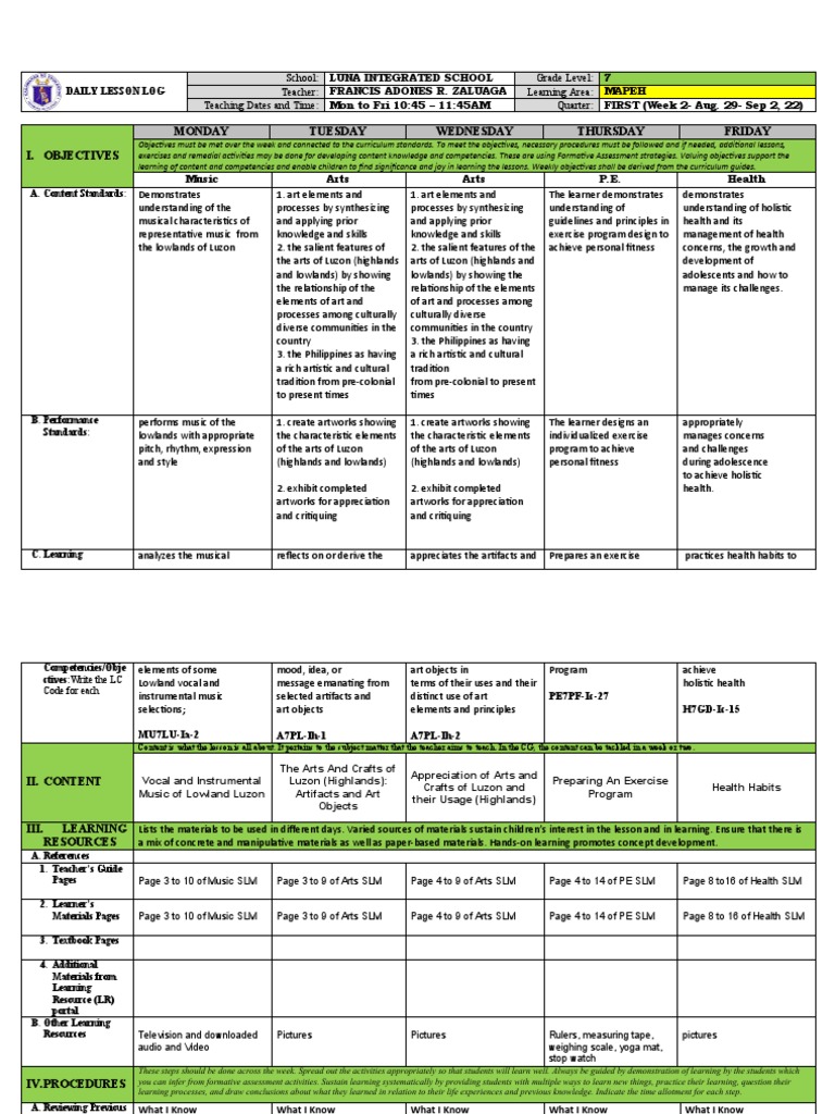 DLL - MAPEH 7 (Week 2) | PDF | Learning | Teachers