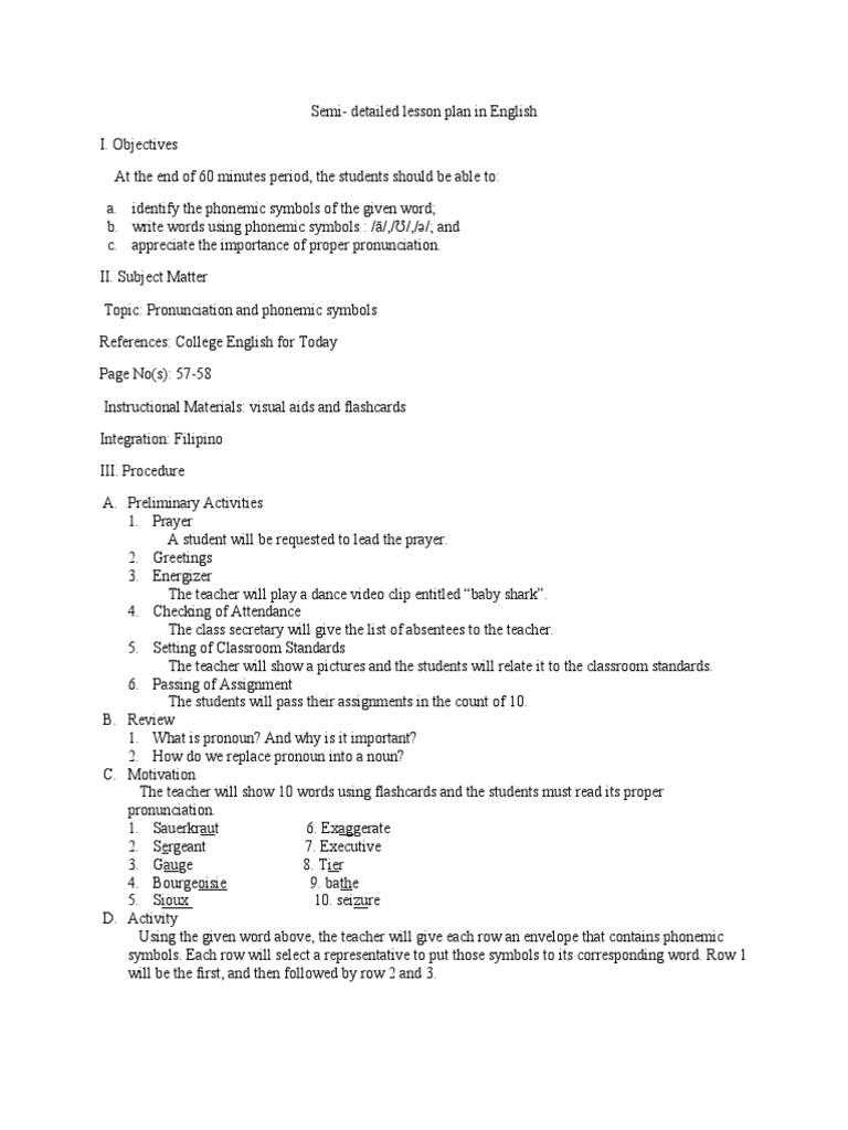 Semi Detailed Lesson Plan in English | PDF | English Language | Phoneme
