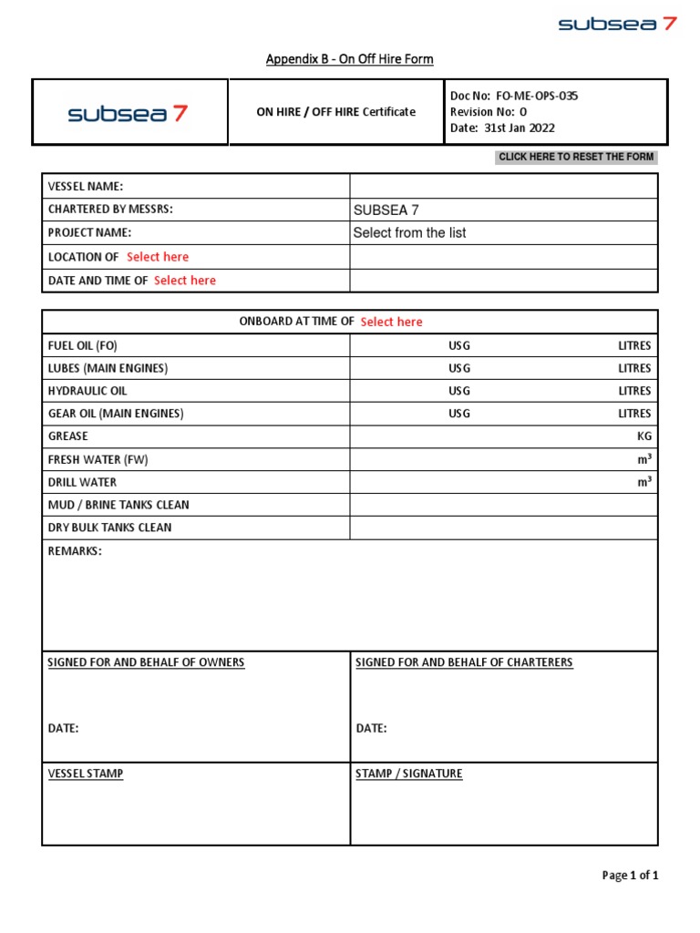 On/Off Hire Certificate Form | PDF | Technology & Engineering