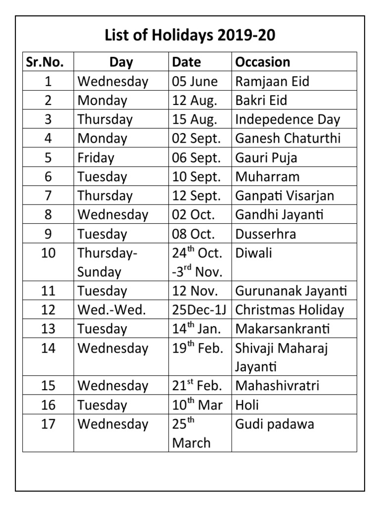 2019-20 Holiday and Celebration List | PDF | Hindu Worship | Observances