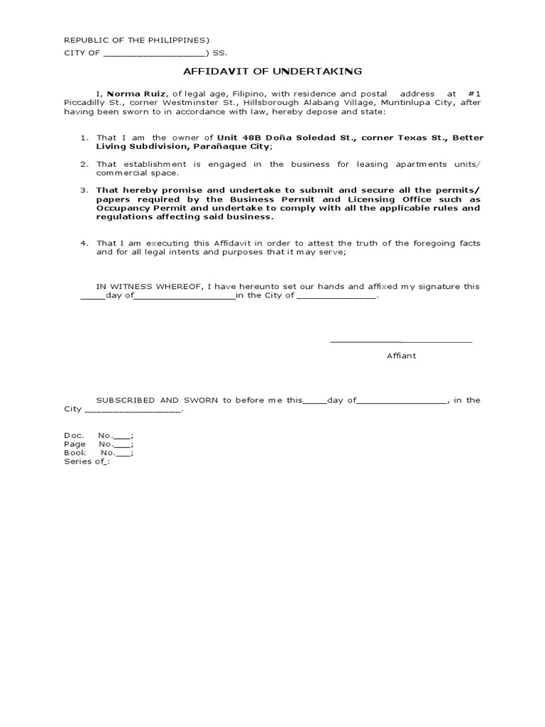 Affidavit of Undertaking - Lessor | PDF