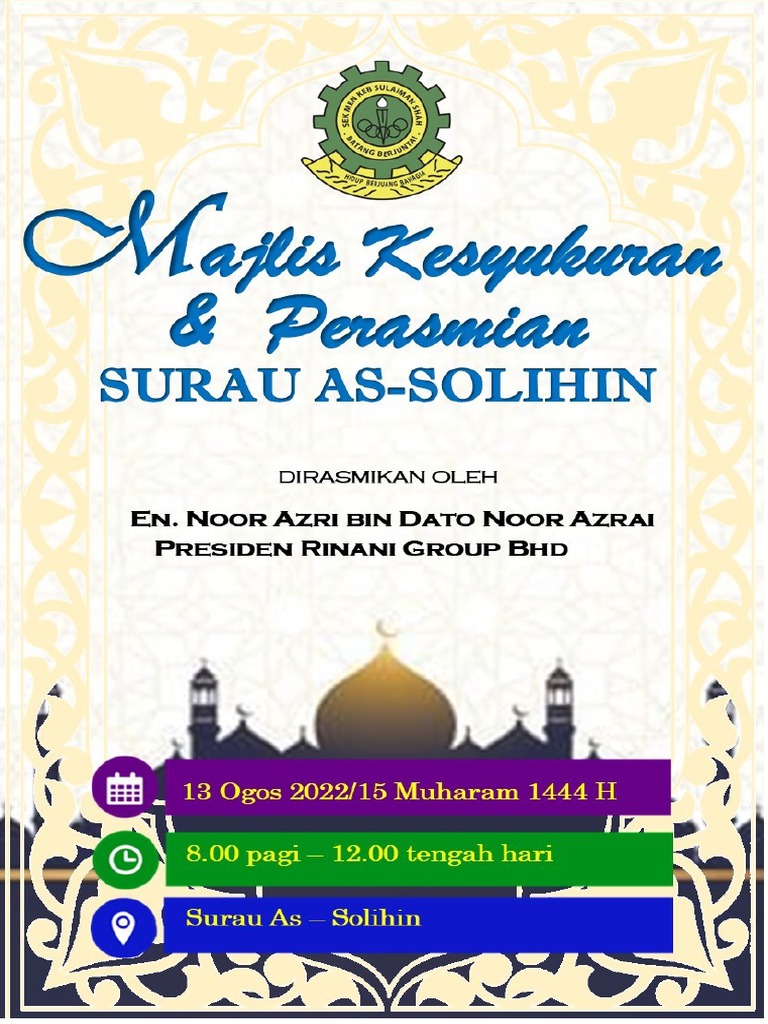 MAJLIS KESYUKURAN DAN PERASMIAN SURAU AS-SOLIHIN SMKSSS 2022 | PDF