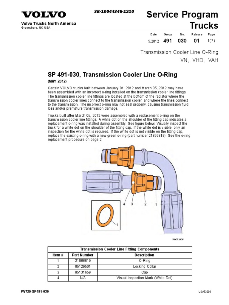 Volvo Transmission Cooler Line O-Ring Update | PDF | Equipment ...