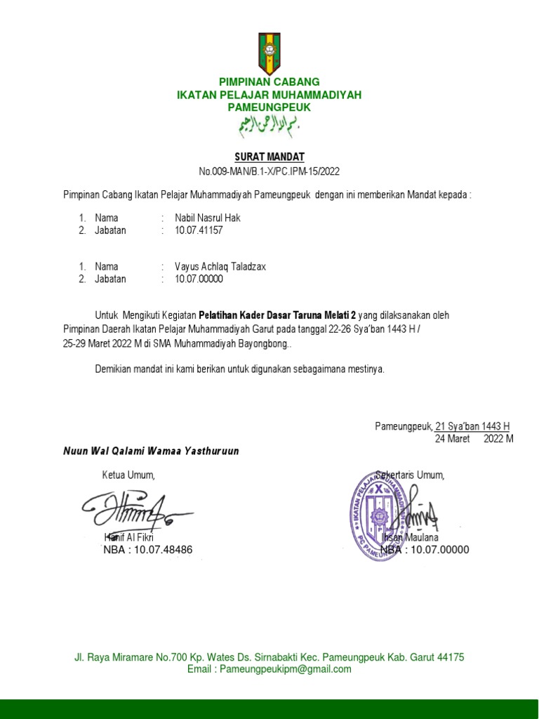Surat Mandat Pelatihan Kader IPM | PDF