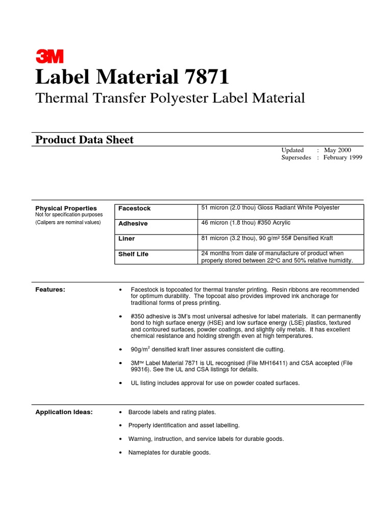 3M 7871 Label Datasheet | PDF | Industrial Processes | Building Materials