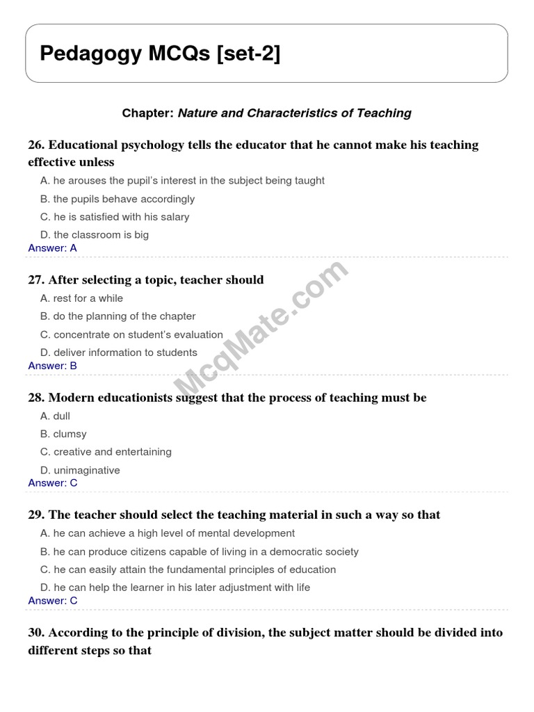 Pedagogy Solved MCQs (Set-2) | PDF | Teachers | Learning Pedagogy Solved MCQs (Set-2) | PDF | Teachers | Learning