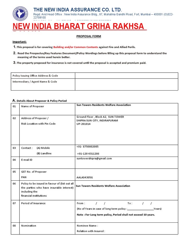 Proposal Form Sun Tower New India Bharat Griha Raksha Policy SRWA | PDF | Insurance