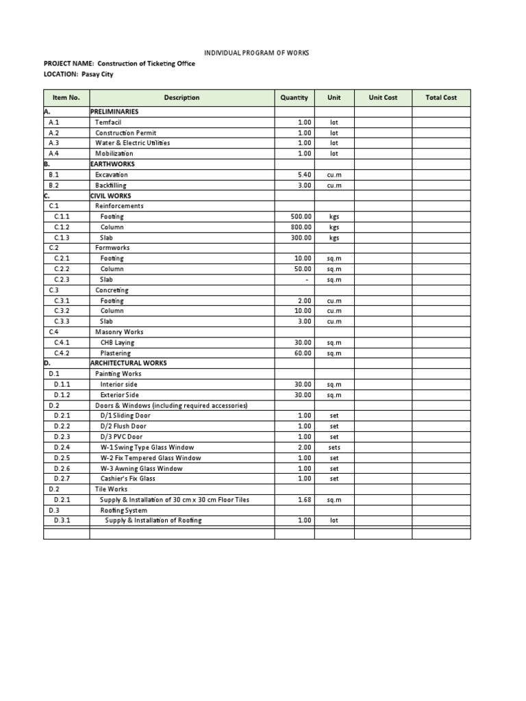 Bill of Quantities Sample Template. | PDF | Window | Components