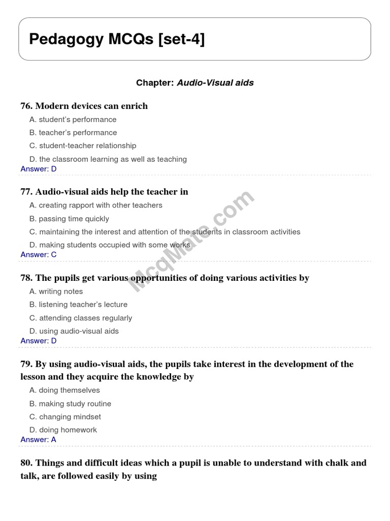 Pedagogy Solved MCQs (Set-4) | PDF | Teachers | Lesson Plan Pedagogy Solved MCQs (Set-4) | PDF | Teachers | Lesson Plan