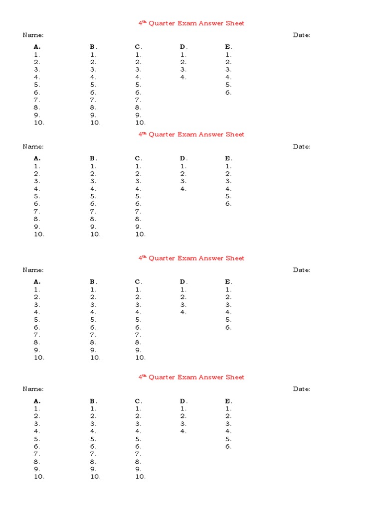 4th Quarter Exam Answer Sheet Template | PDF