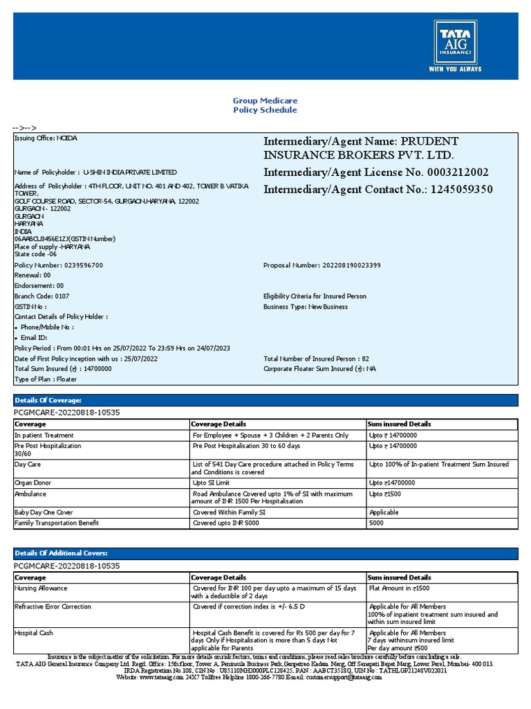 Tata AIG Group Medicare Policy Details | PDF | Insurance | Hospital