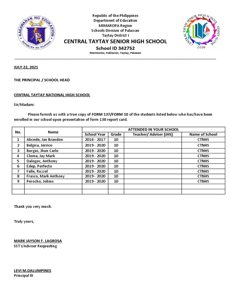 Letter of Request of Form 10 | PDF