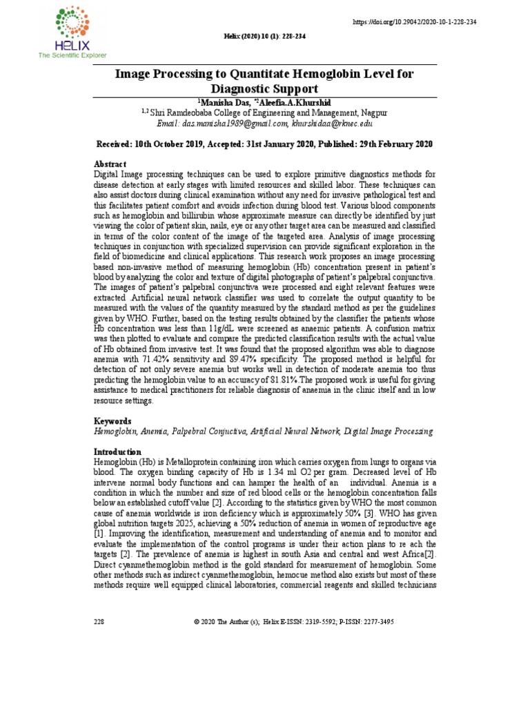 Image Processing To Quantitate Hemoglobin Level For Dignostic Support | PDF | Anemia ...