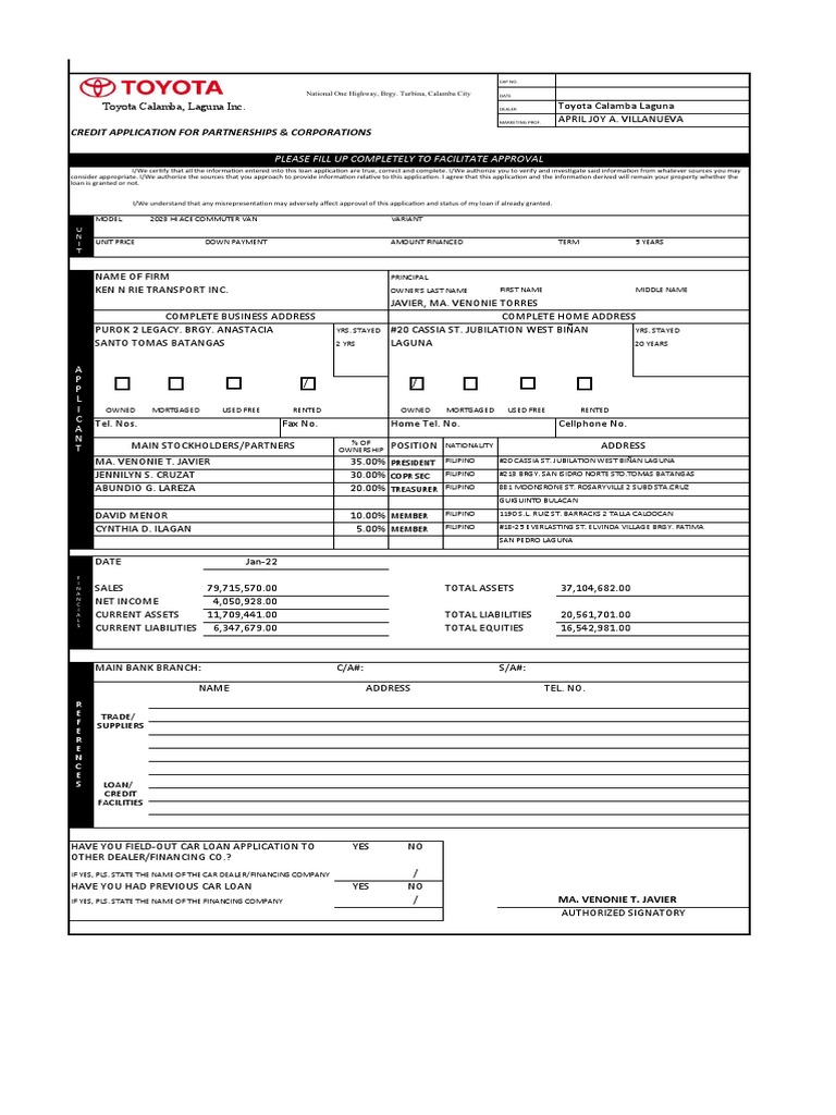 Toyota Calamba Applivcation Form | PDF | Mortgage Loan | Personal Finance
