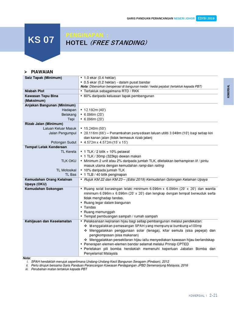 Johor Planning Guidelines 2019 - Hotel Free Standing | PDF