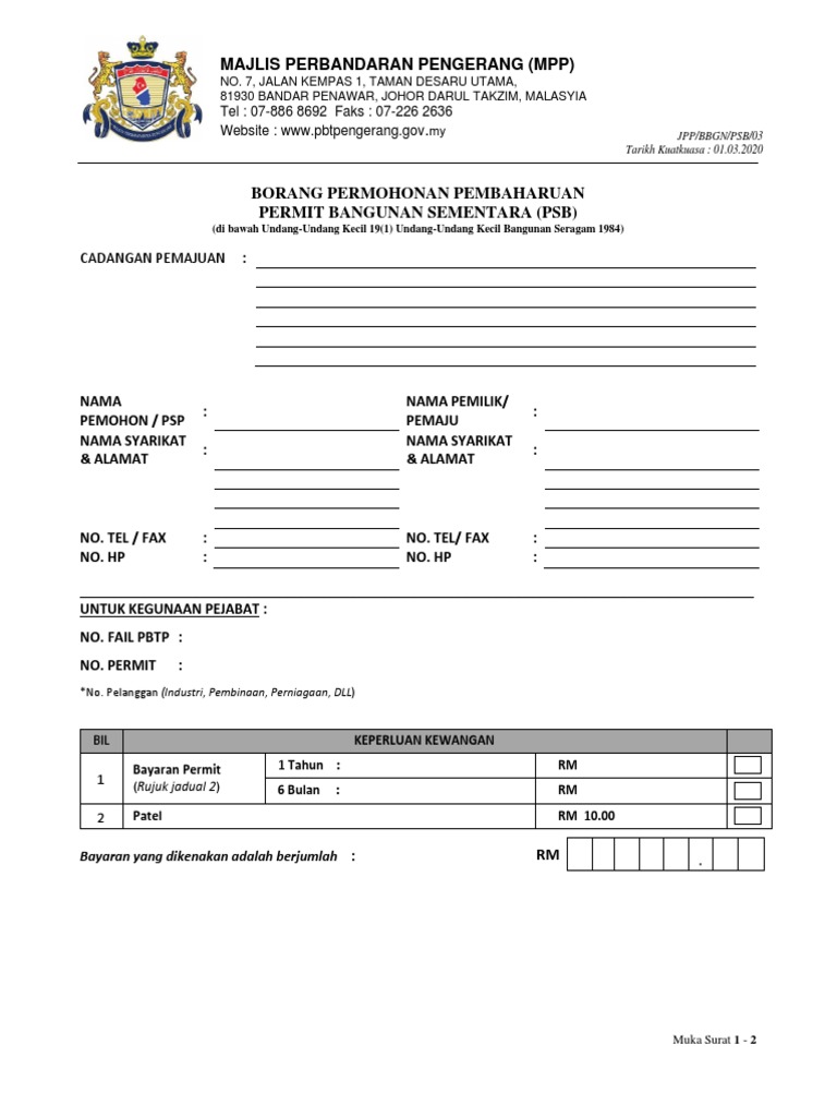 PSB (03) - Pembaharuan Permit Bangunan Sementara | PDF