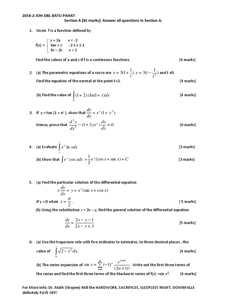 2016-2-Joh-Dbl Batu Pahat-Q | PDF | Equations | Trigonometric Functions