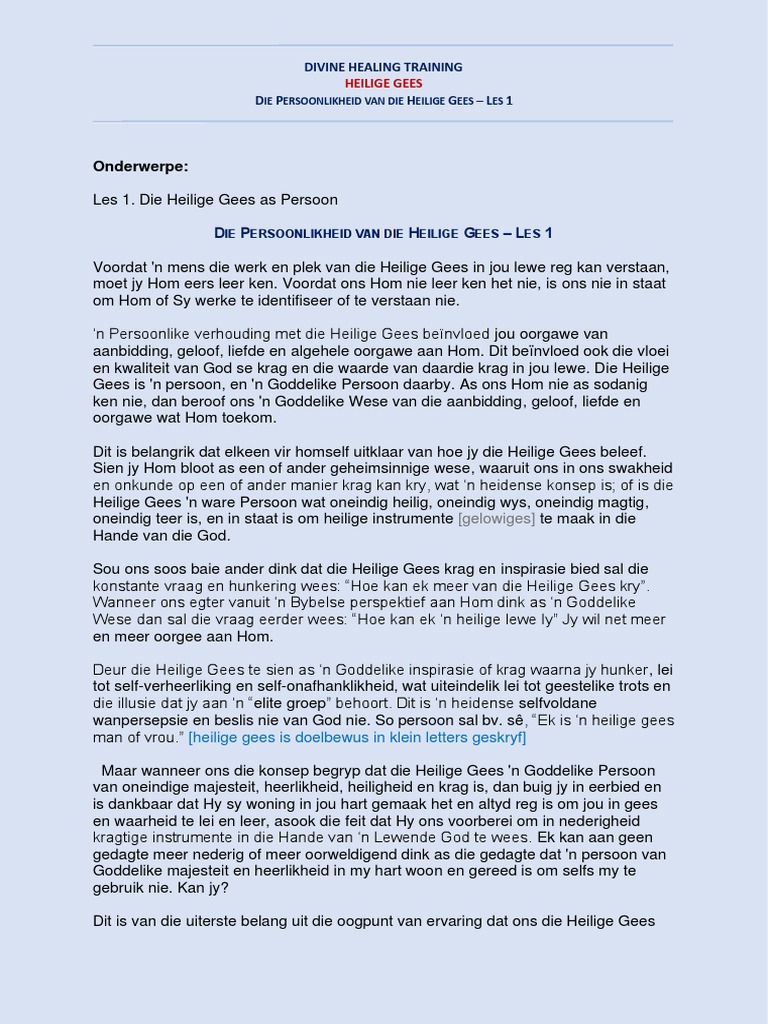 HG Les 1 Die Persoonlikheid Van Die Heilige Gees | PDF