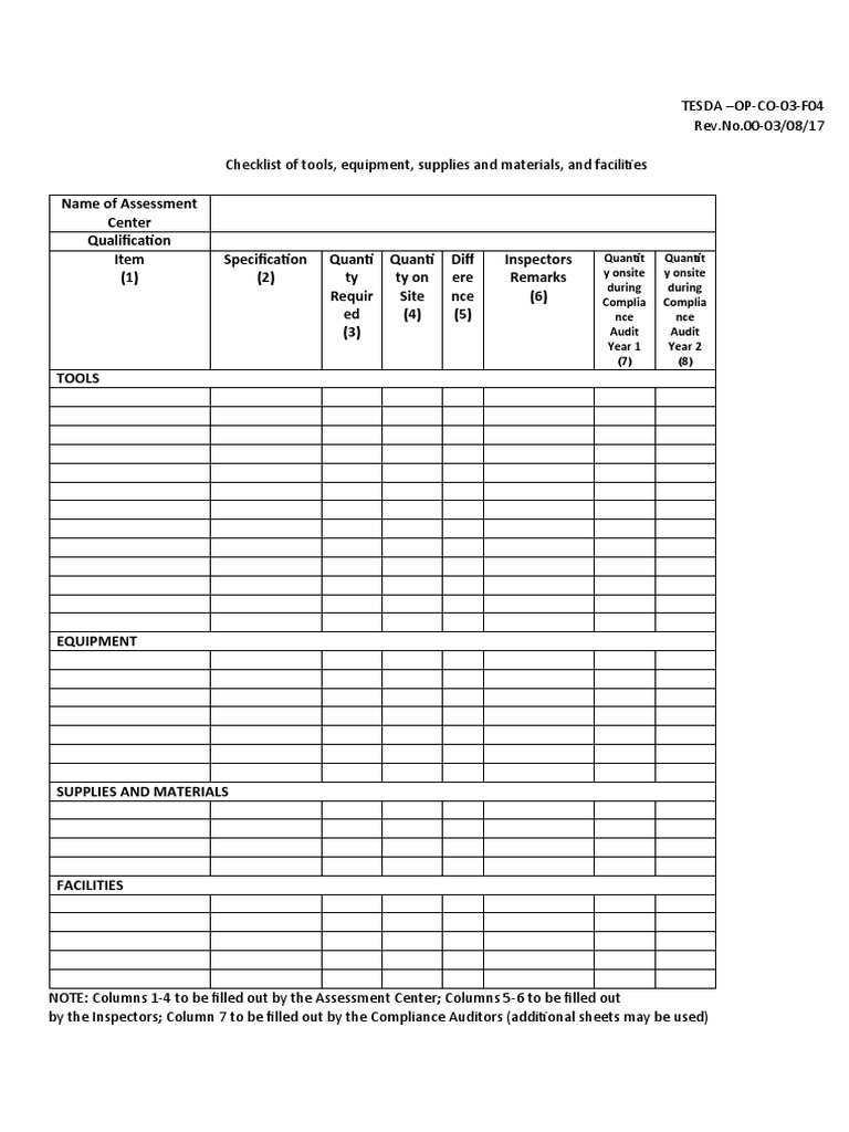 TESDA Compliance Checklist Template | PDF | Technology & Engineering
