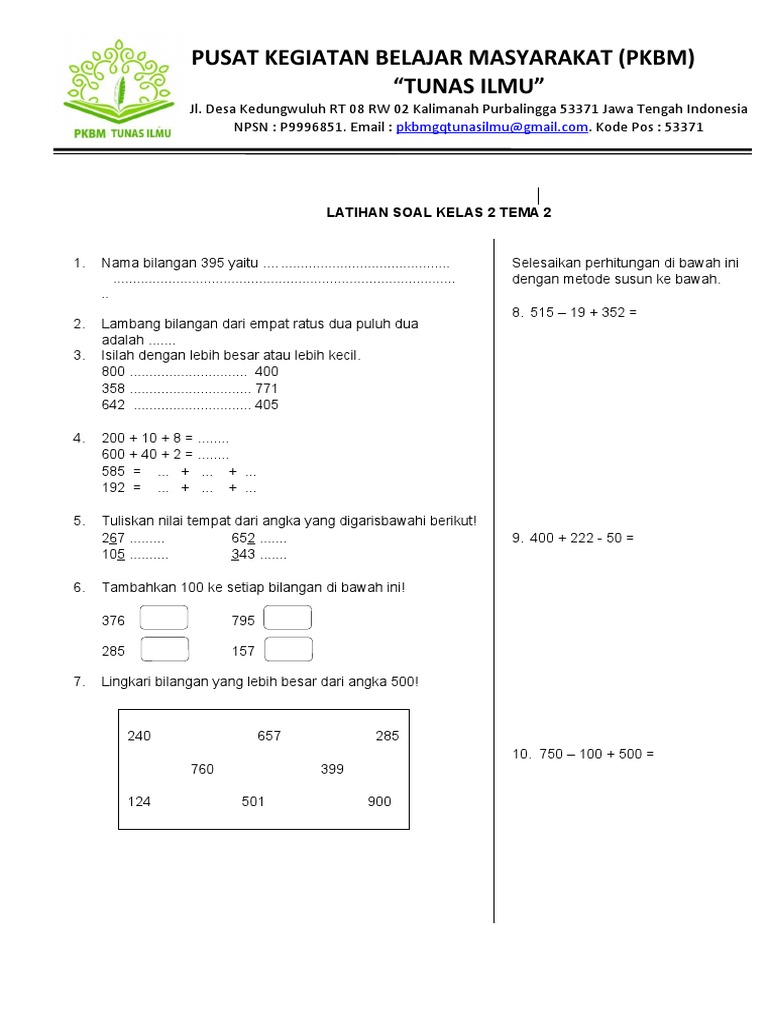 Latihan Soal MTK Kelas 2 Tema 2 | PDF