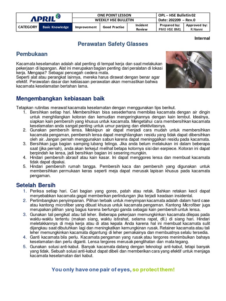 OPL - HSE Bullettin - Safety Glasses Maintenance - Bahasa | PDF