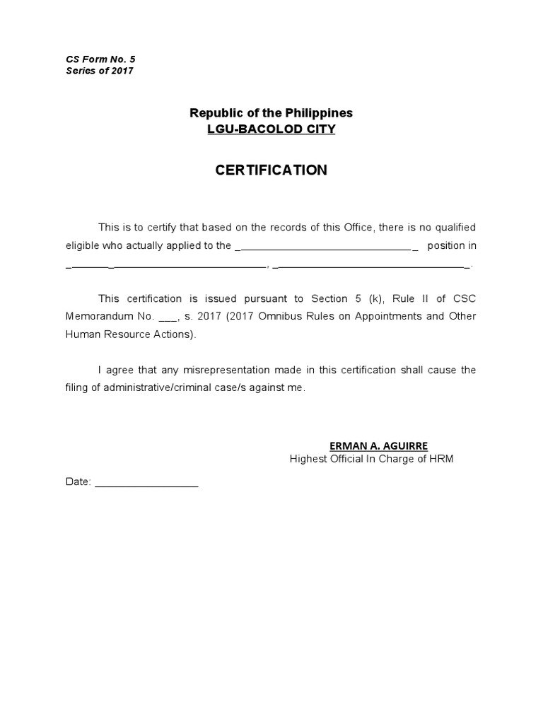CSC Form No. 5 Certification 2017 | PDF